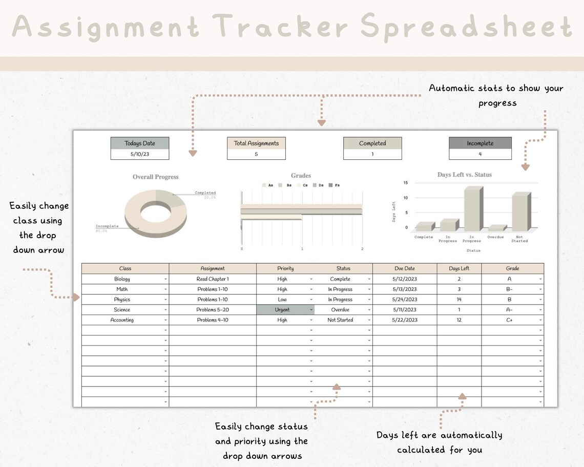 School Spreadsheet Assignment Tracker Google Sheets - Etsy