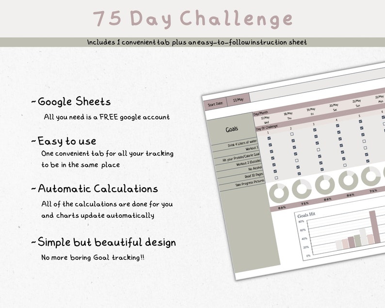 75 Day Challenge Tracker, Google Sheets Template (digital Download) - Etsy