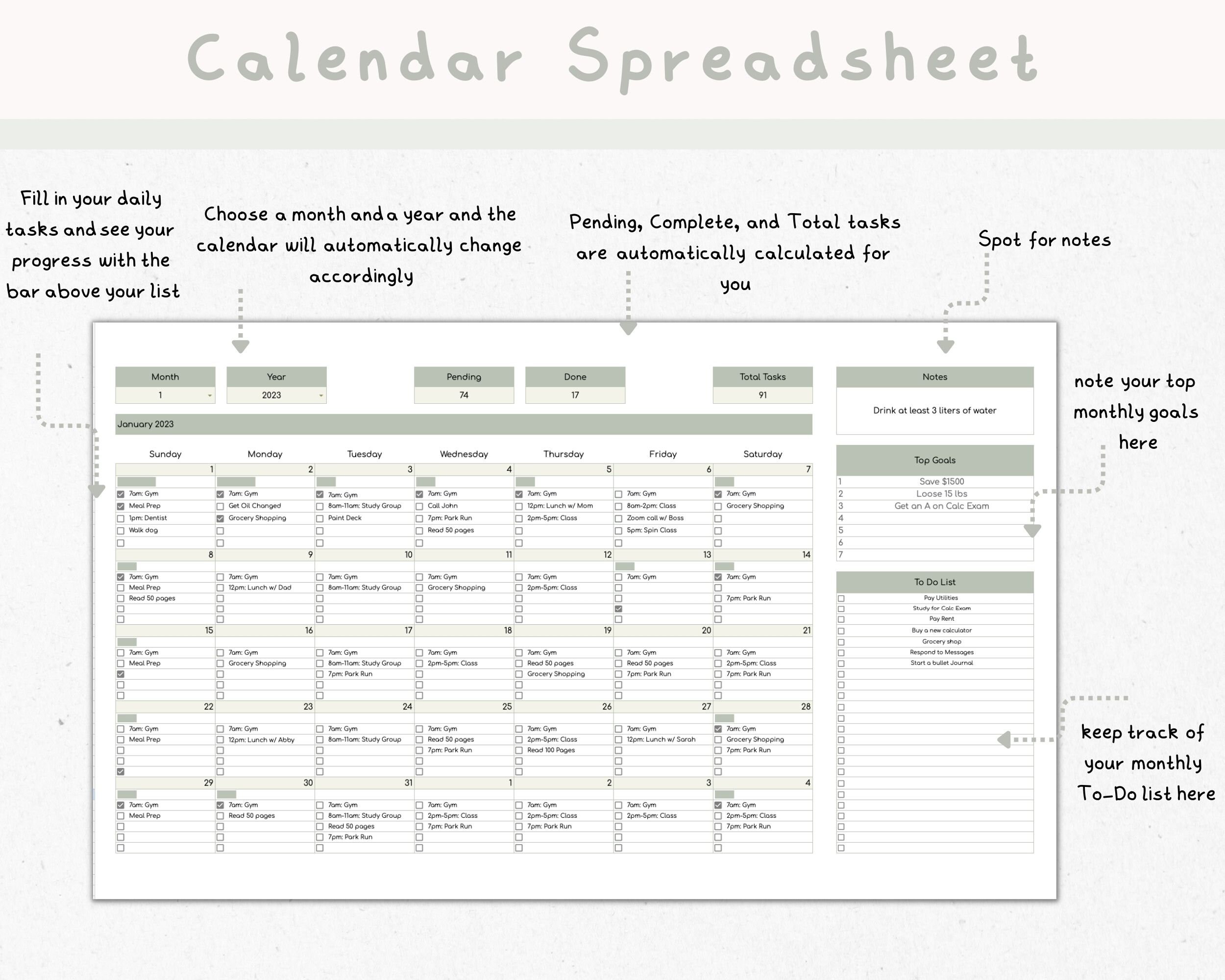 Calendar Spreadsheet, Google Sheets Monthly Calendar, to Do List ...