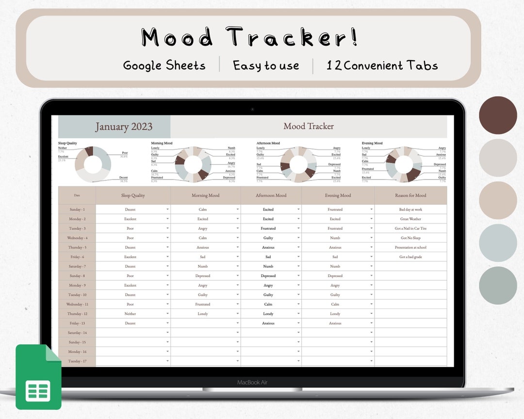 Google Sheets Mood Template, Mood Tracker Spreadsheet, Minimalist Design, Monthly Mood Tracker ...