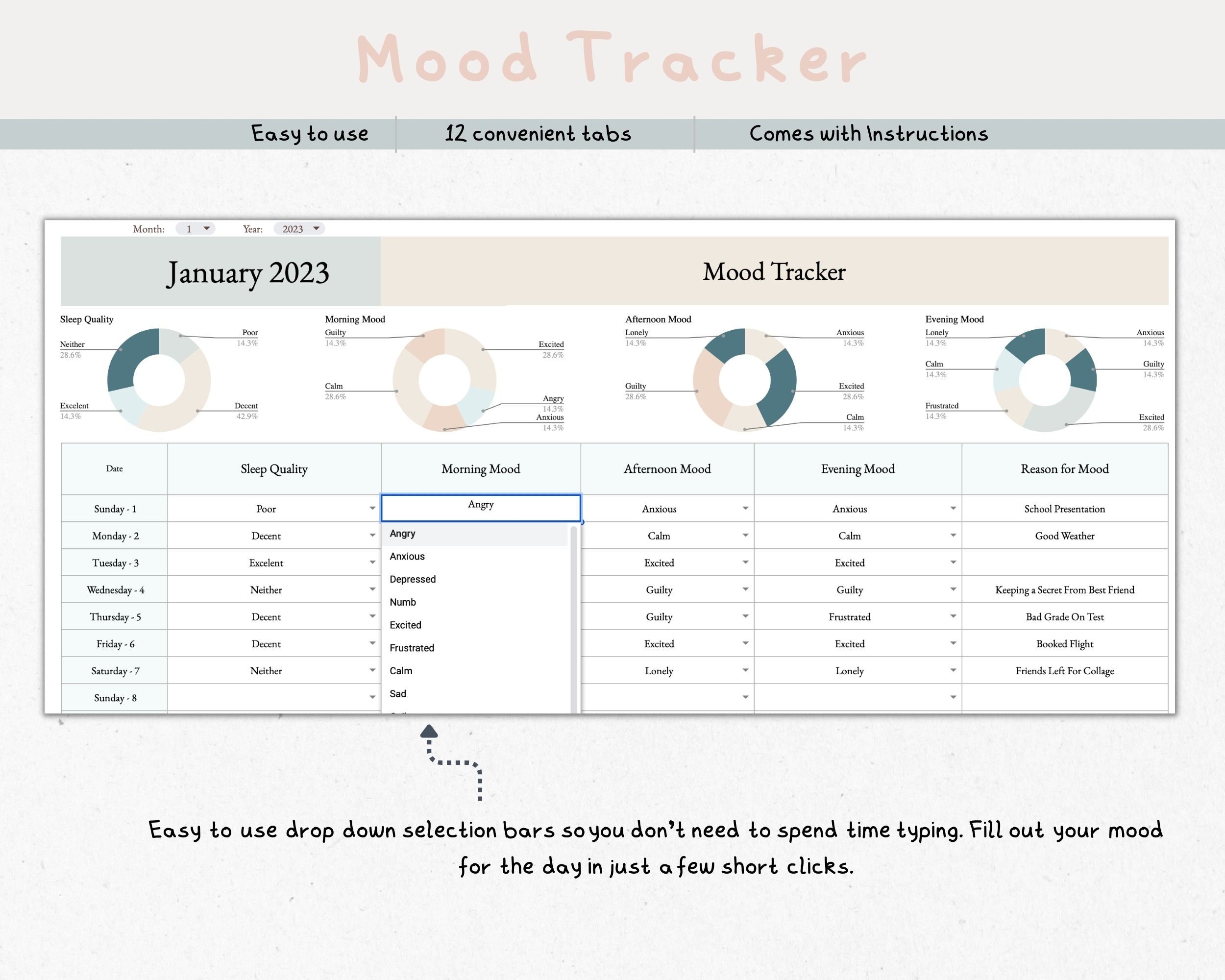 Mood Template for Google Sheets, Mood Tracker Spreadsheet, Minimalist ...