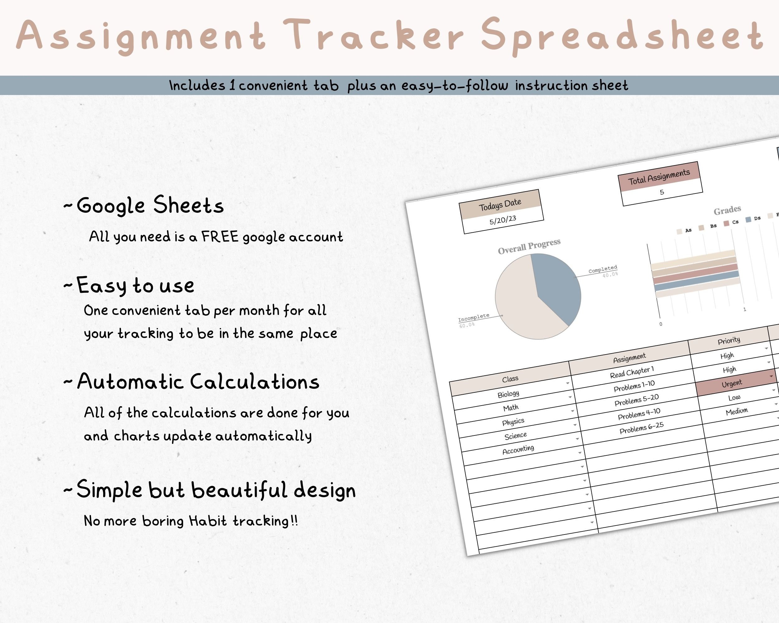 School Spreadsheet, Assignment Tracker Google Sheets, Assignment ...