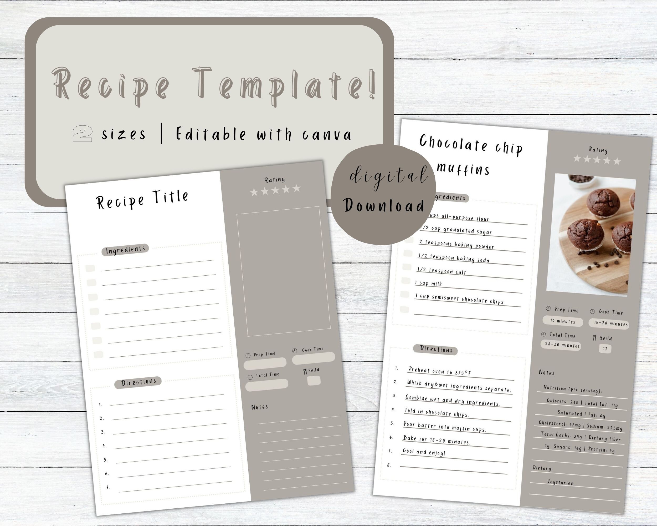 Recipe Template, EDITABLE Recipe Sheet Template, Recipe Cards, Minimal ...