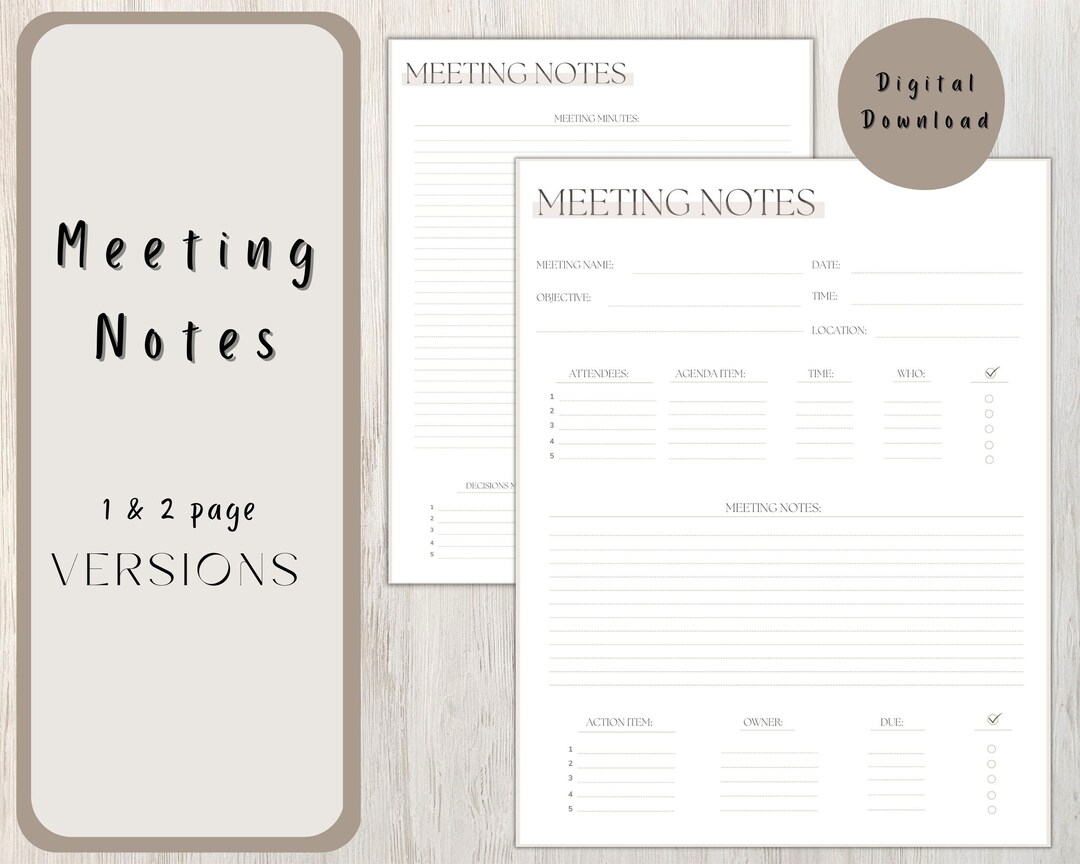 Meeting Notes Template Printable, Meeting Minutes, Meeting Agenda ...