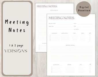 Meeting Notes Template Printable, Business Note Taking, Meeting Minutes ...