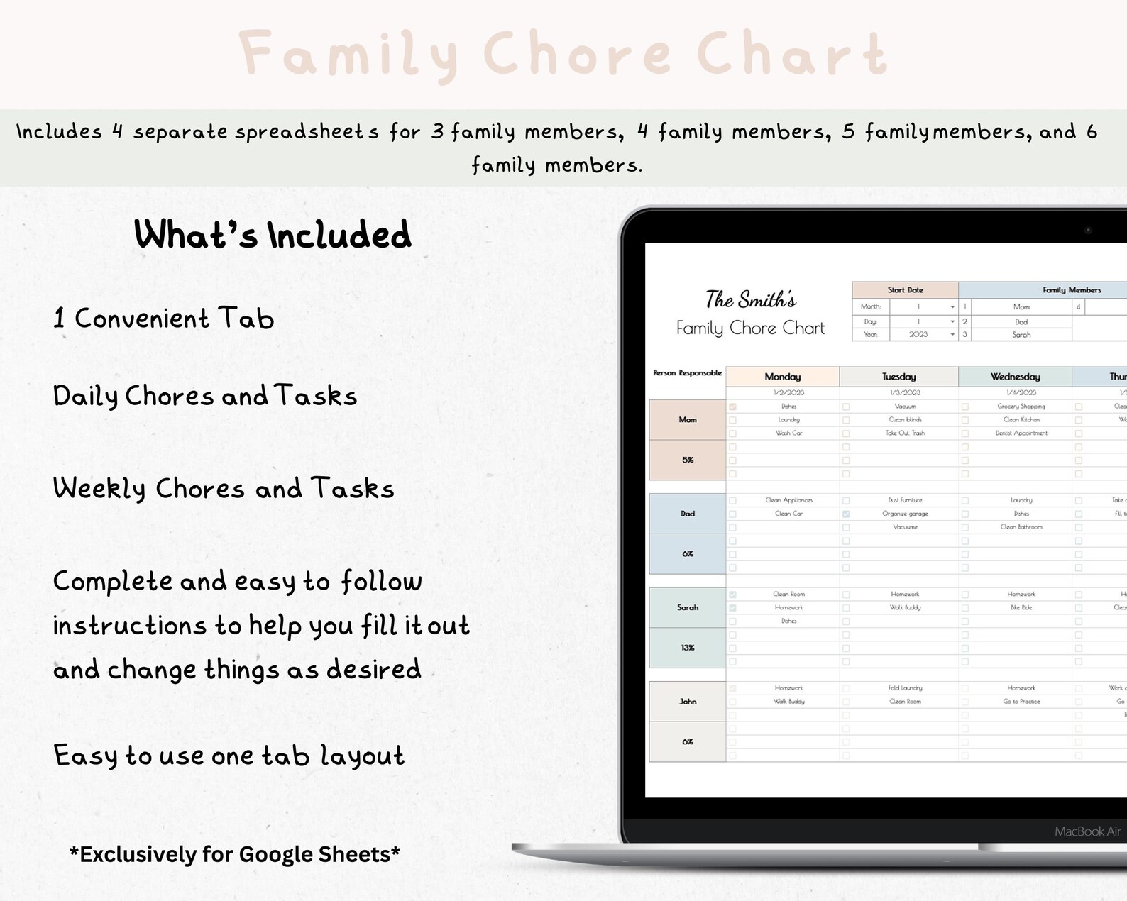 Family Chore Chart Google Sheets Template, Weekly Family Chore ...
