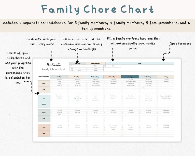 Chore Chart for Google Sheets Excel Template Planner, Family Chore Cart ...