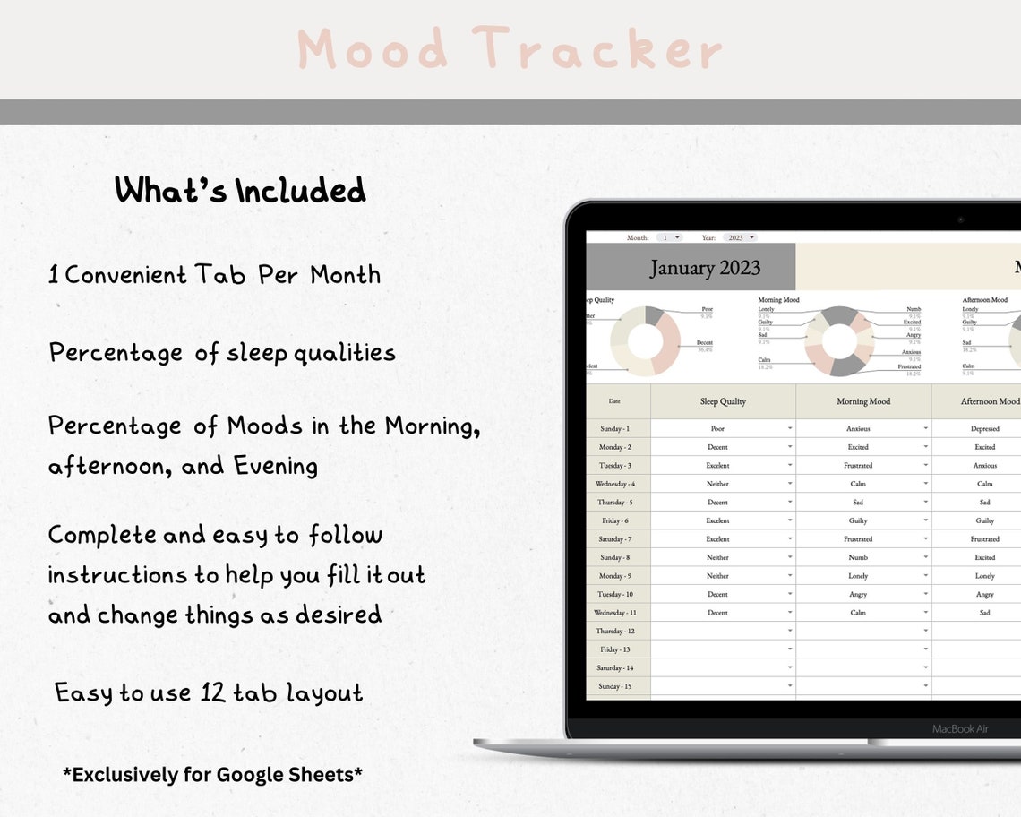Google Sheets Mood Template, Mood Tracker Spreadsheet, Minimalist Design, Monthly Mood Tracker ...