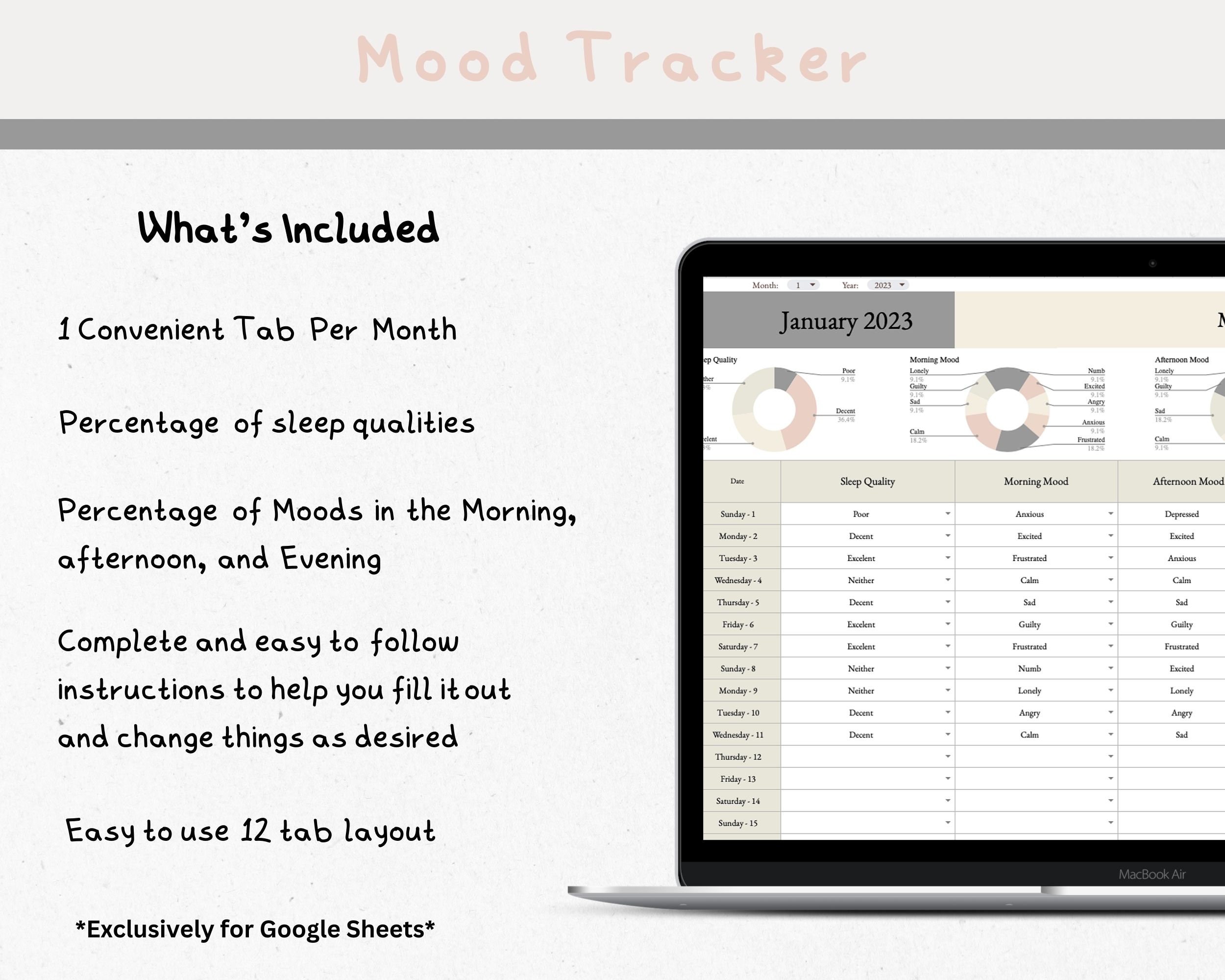 Google Sheets Mood Template, Mood Tracker Spreadsheet, Minimalist Design, Monthly Mood Tracker ...