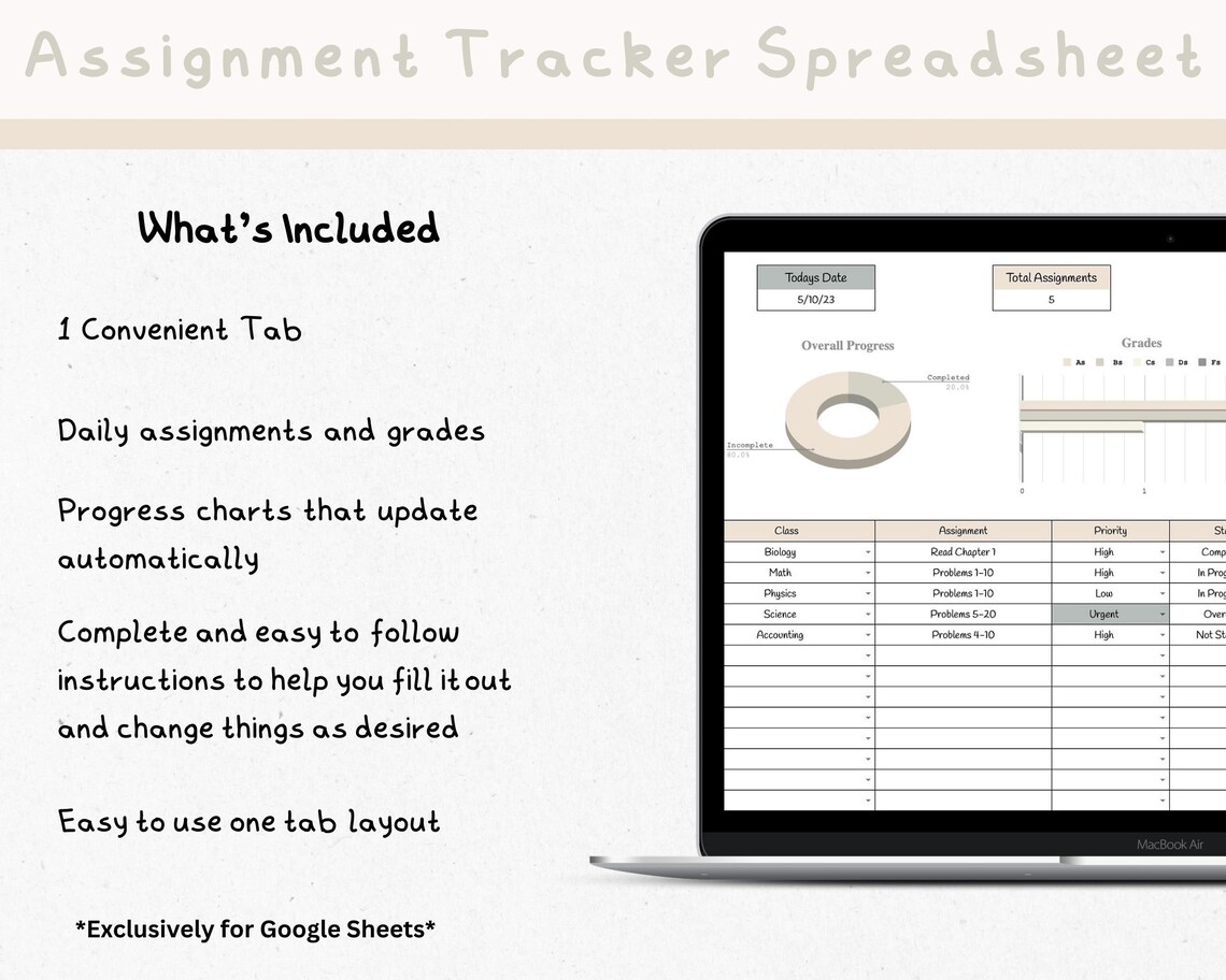 School Spreadsheet Assignment Tracker Google Sheets - Etsy