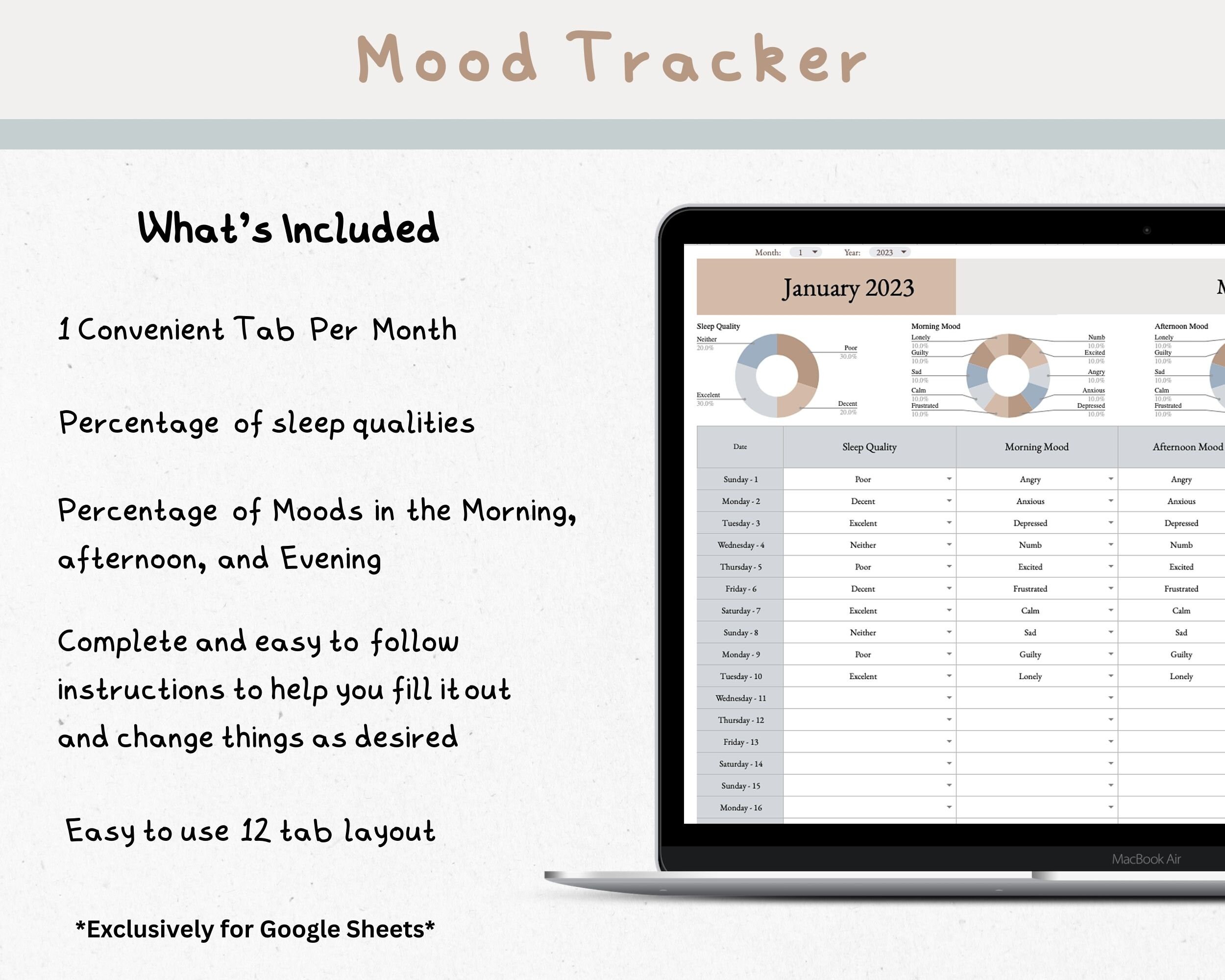 Google Sheets Mood Template, Mood Tracker Spreadsheet, Minimalist Design, Monthly Mood Tracker ...