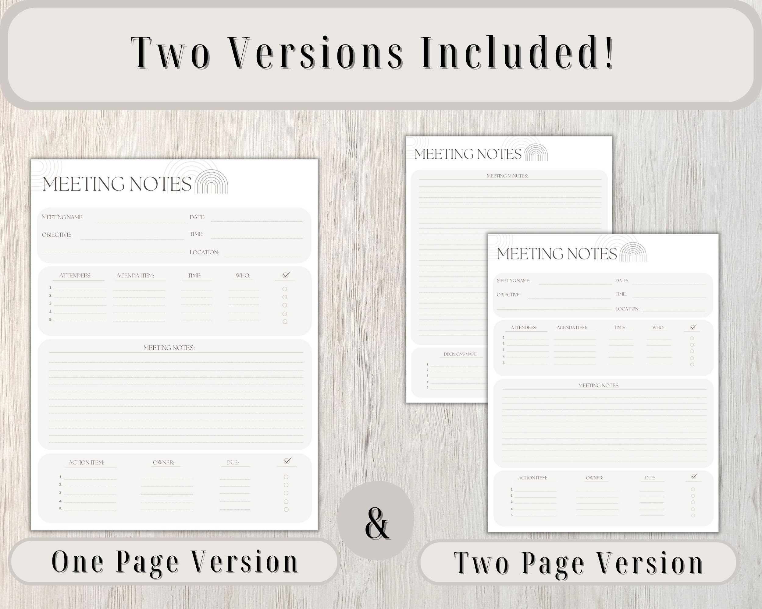 Meeting Notes Template Printable, Meeting Minutes, Meeting Agenda ...