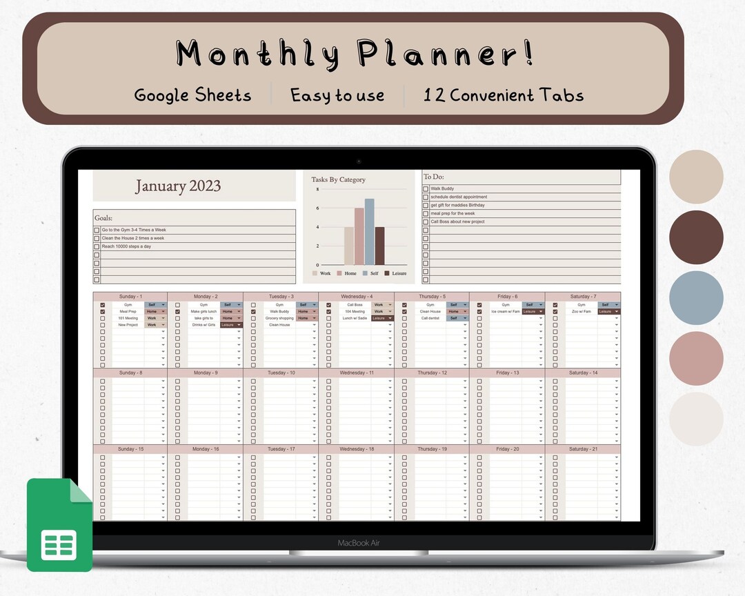 Digital Monthly Planner and Time Tracker, Spreadsheet Template, Digital ...