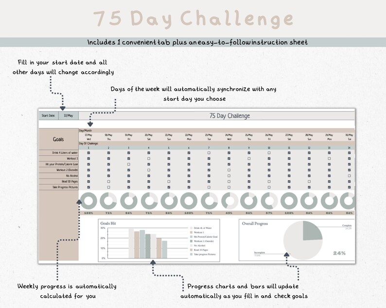 75 Day Challenge Tracker for Google Sheets,google Sheets Compatible,75 ...