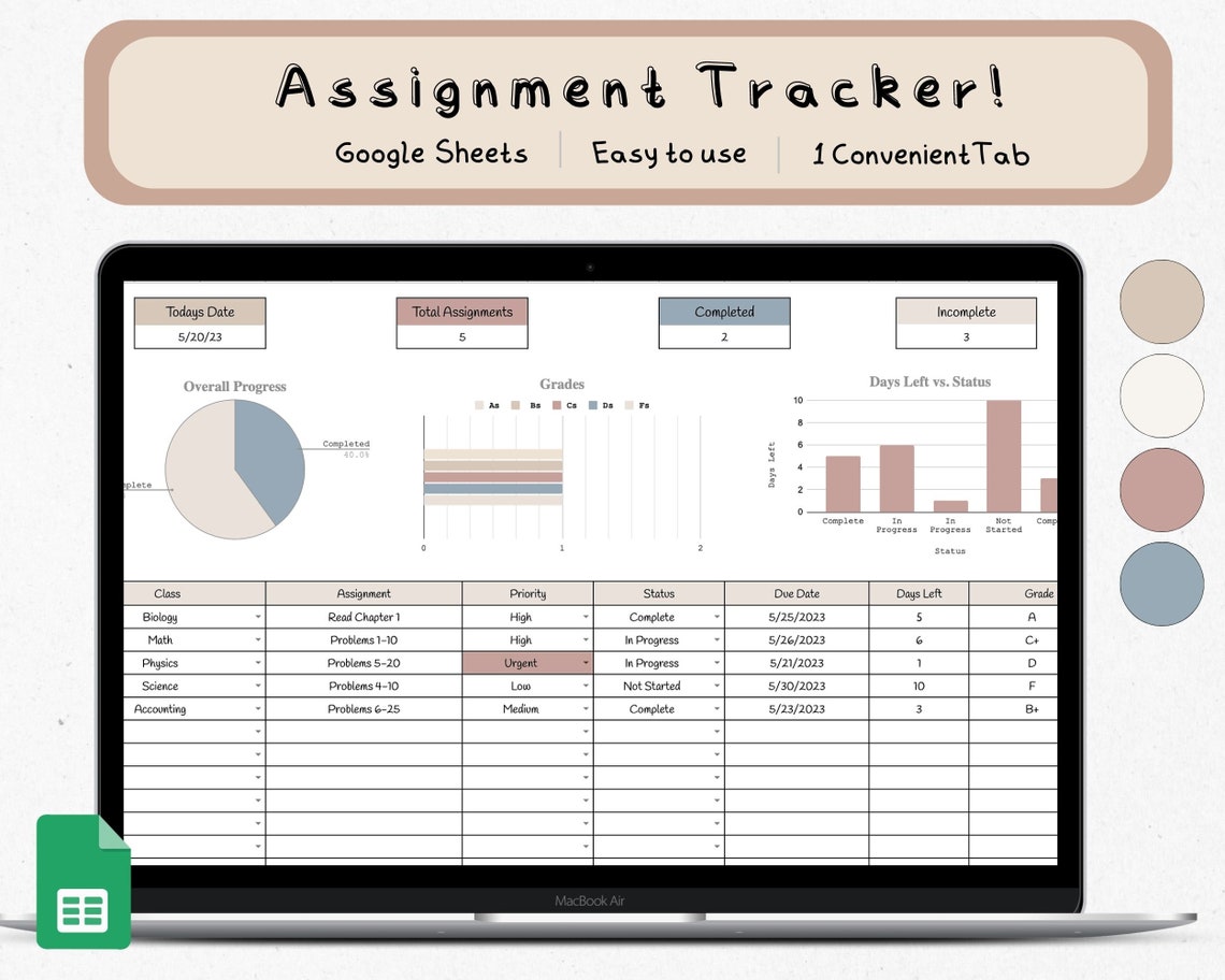 School Spreadsheet, Assignment Tracker Google Sheets, Assignment Tracking Spreadsheet, Task ...