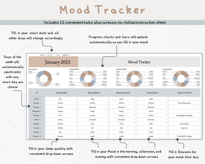 Google Sheets Mood Template, Mood Tracker Spreadsheet, Minimalist ...