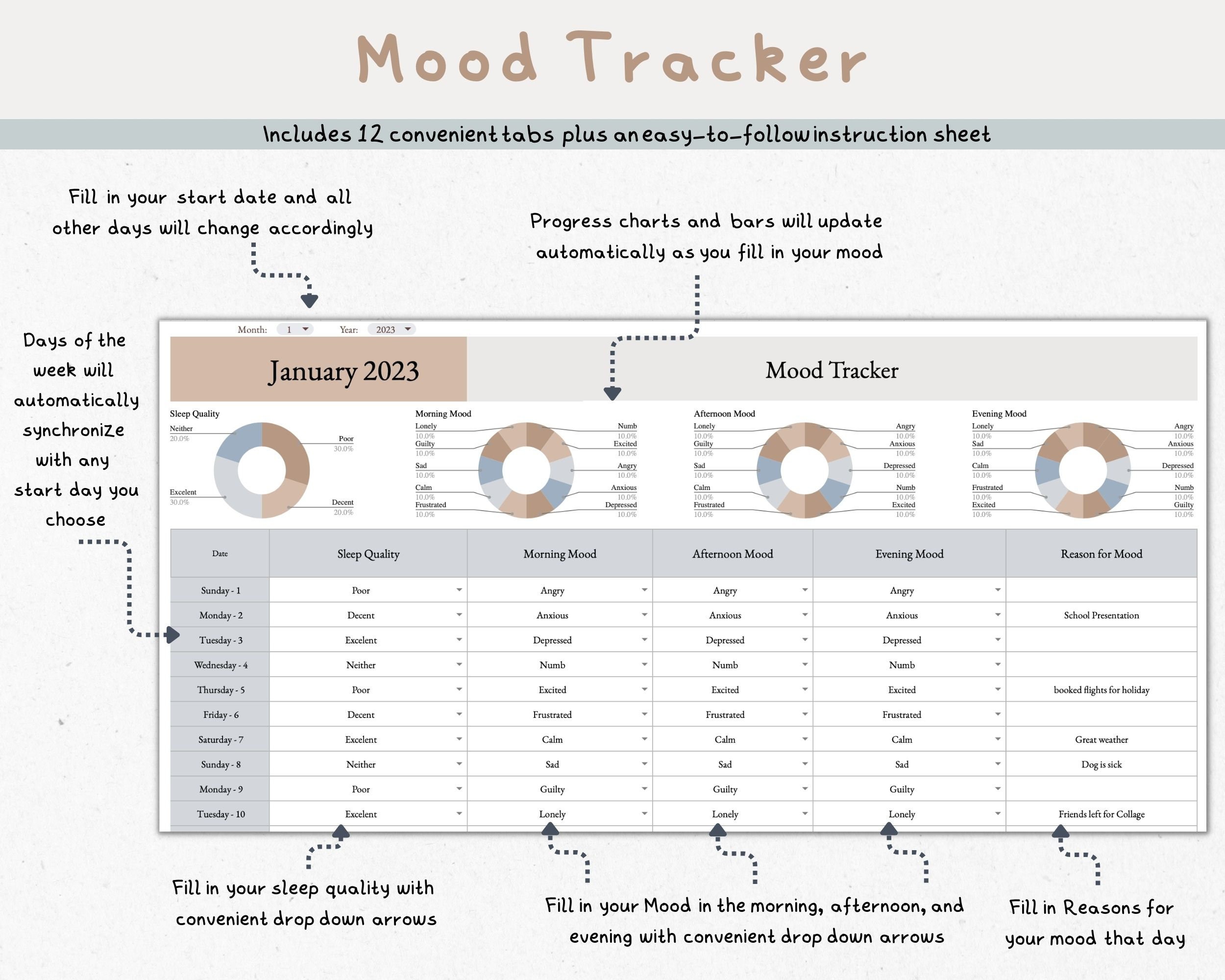 Google Sheets Mood Template, Mood Tracker Spreadsheet, Minimalist Design, Monthly Mood Tracker ...