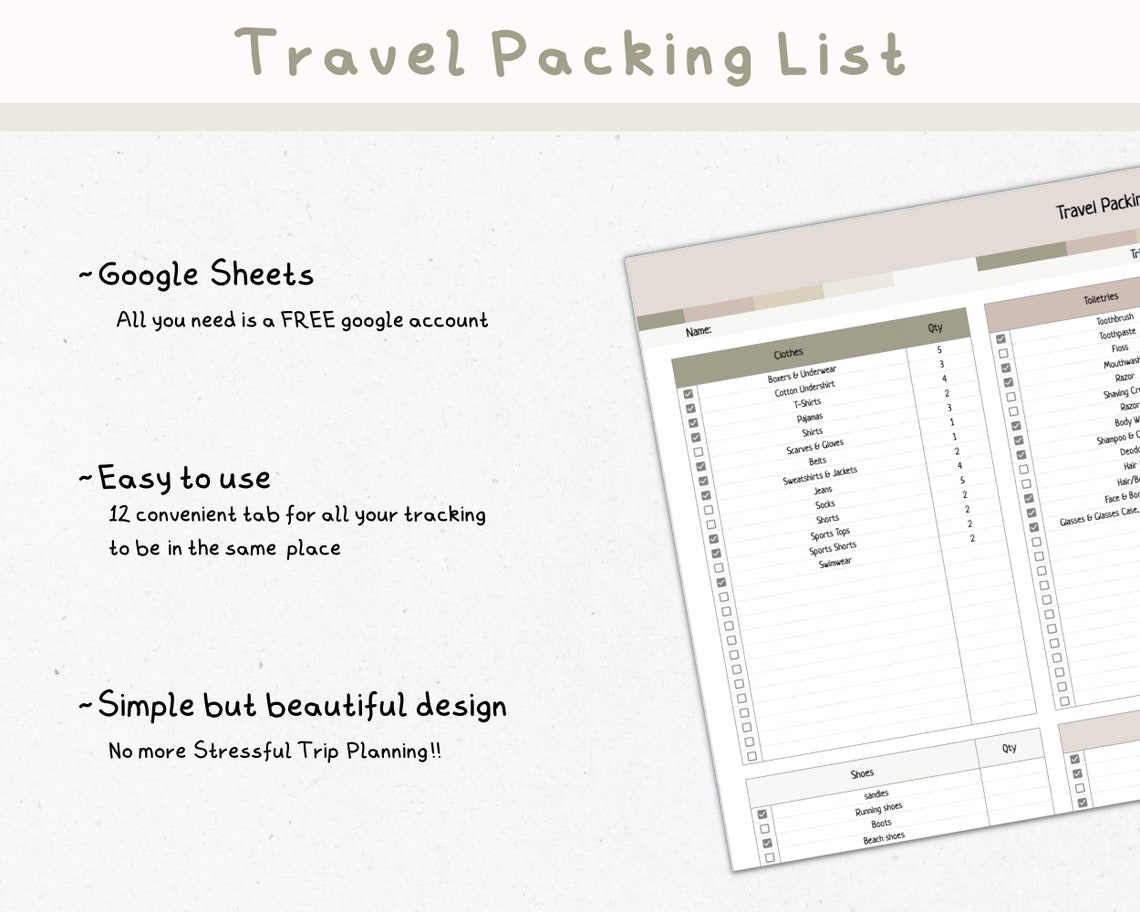 EDITABLE Travel Packing List Template in Google Sheets /excel ...