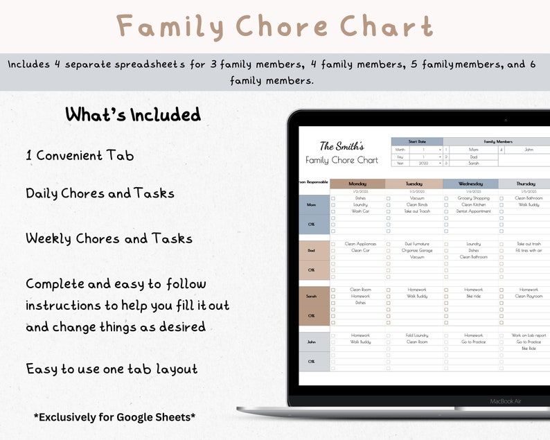 Family Chore Chart, Google Sheets & Excel Template (digital Download ...