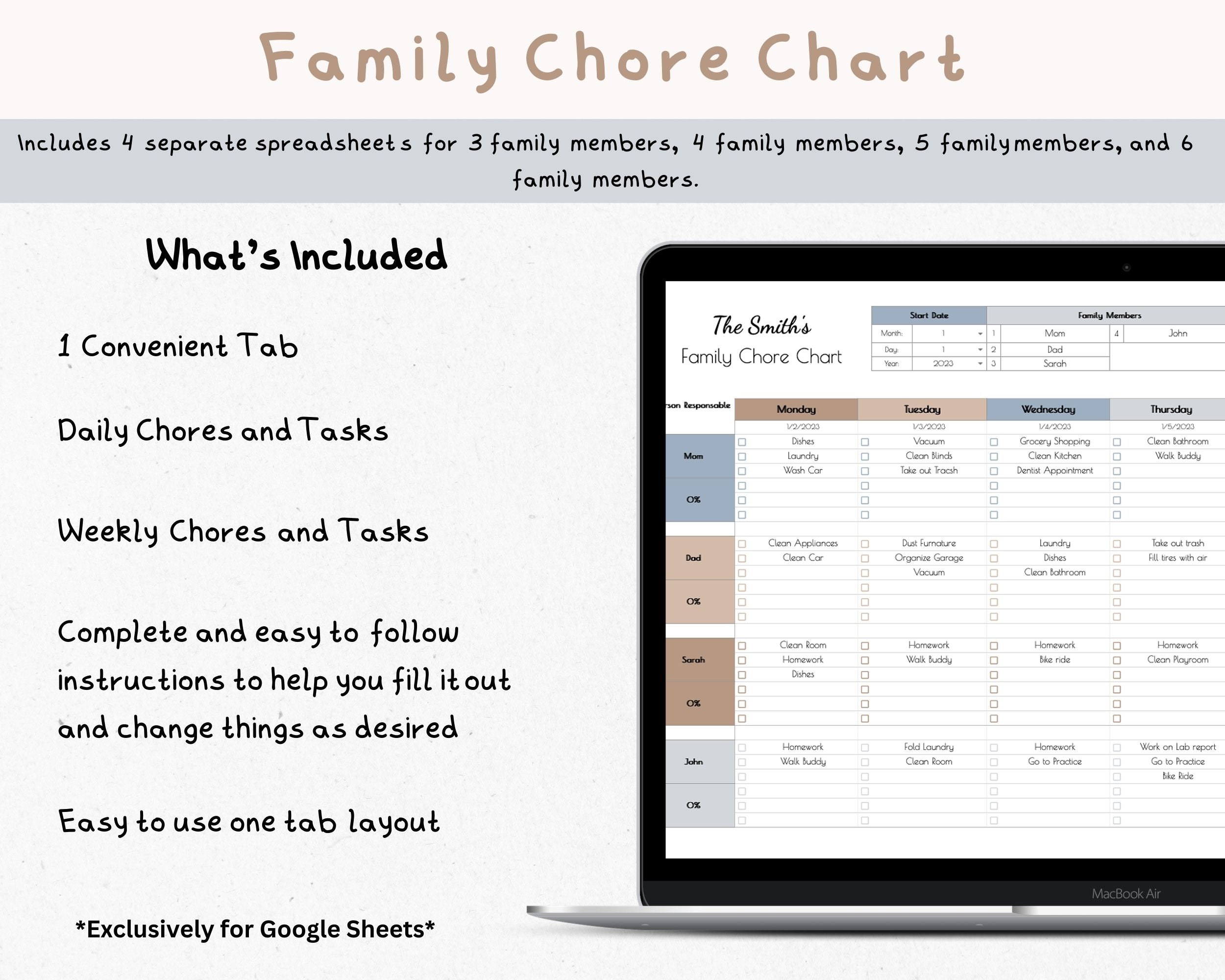 Family Chore Chart, Google Sheets & Excel Template (digital Download ...