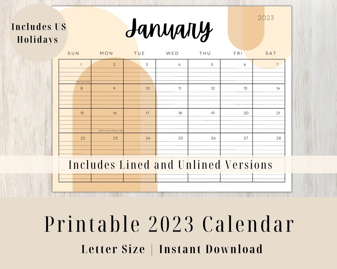 Printable 2023 Calendar With Holidays PDF, Boho Monthly Calendar, Desk ...