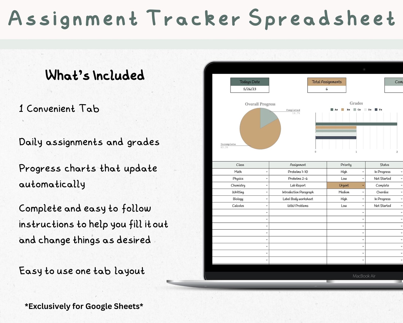 Google Sheets Assignment Tracker, Homework Planner (digital Download ...