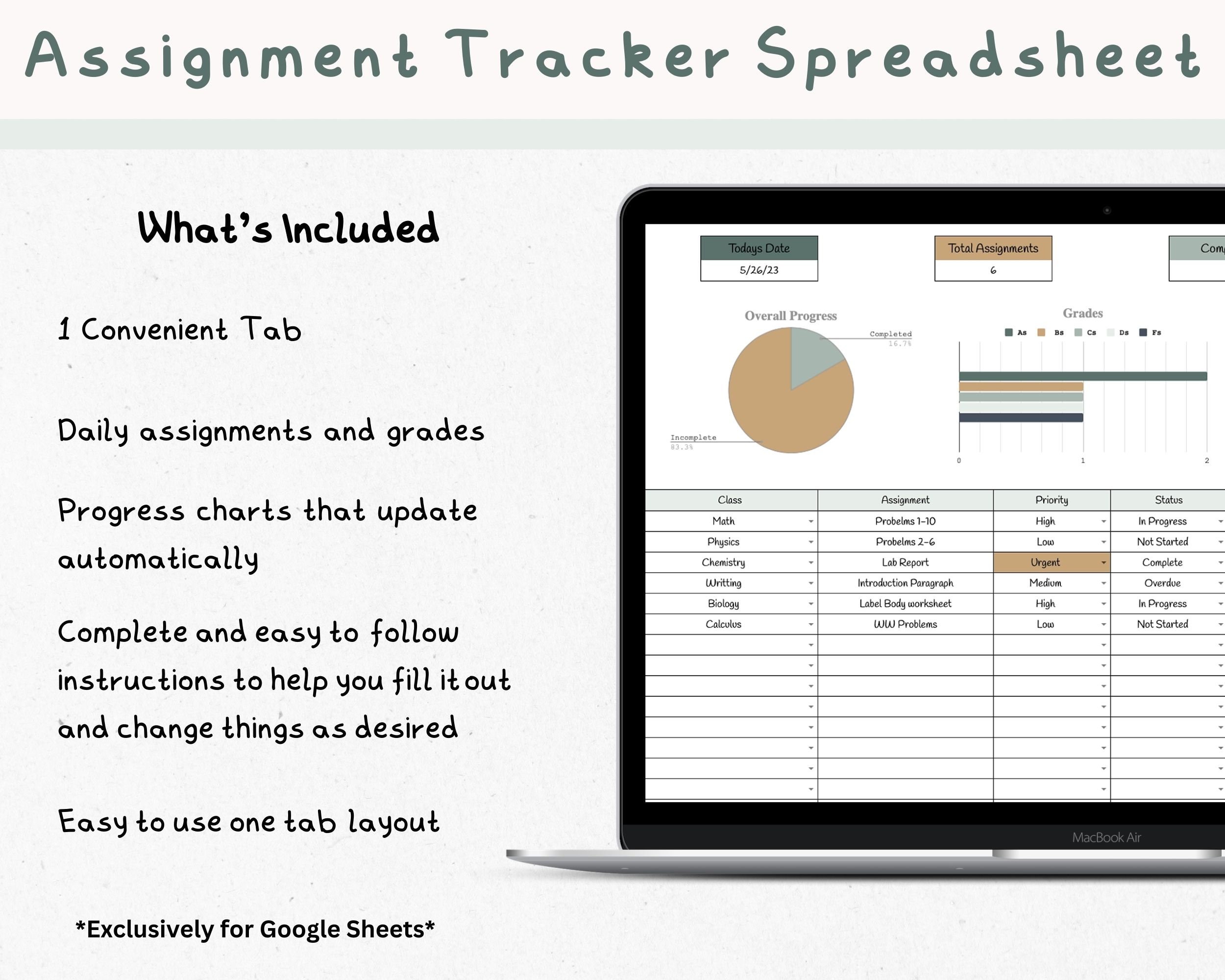 Google Sheets Assignment Tracker, Homework Planner (digital Download ...