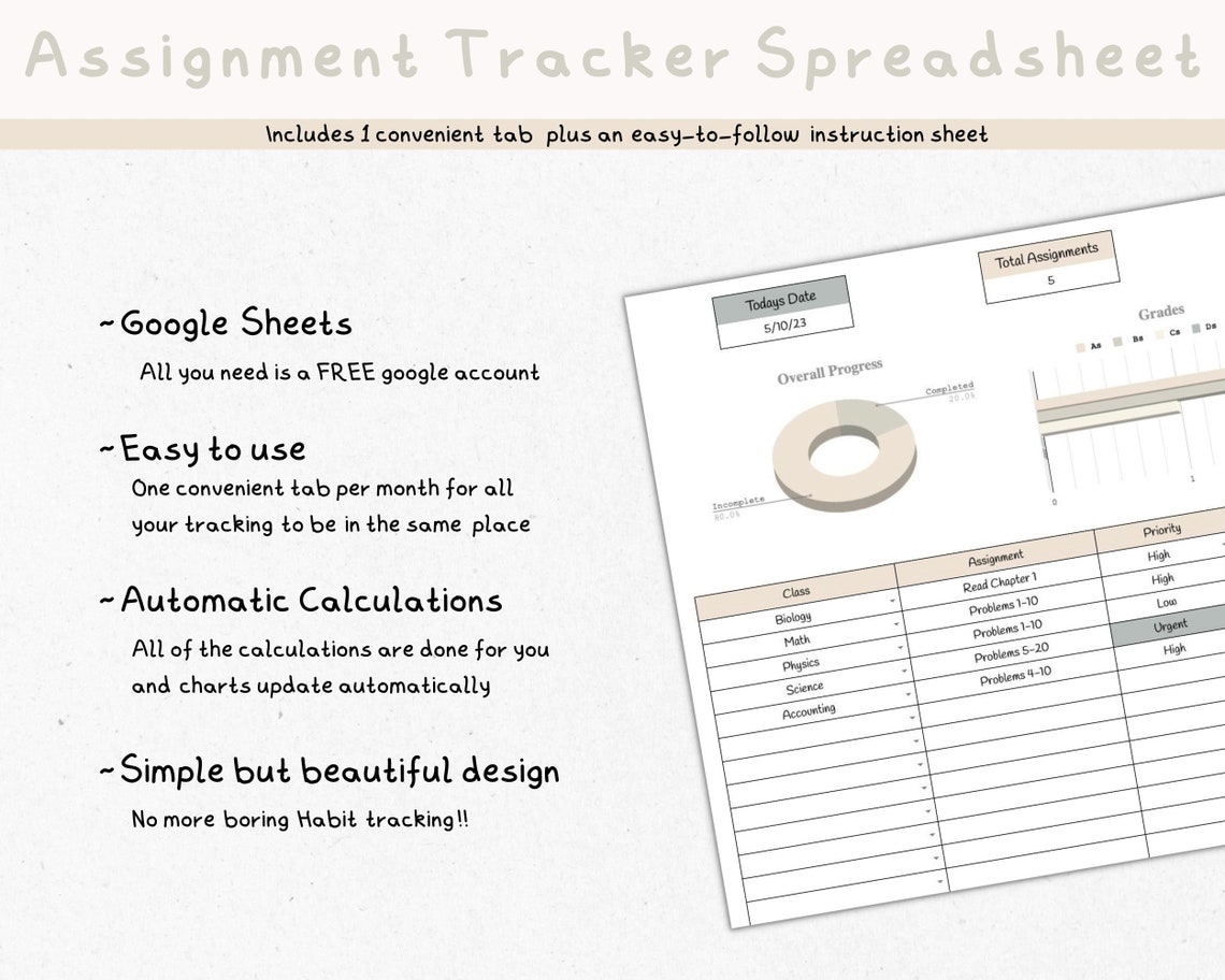 School Spreadsheet Assignment Tracker Google Sheets - Etsy