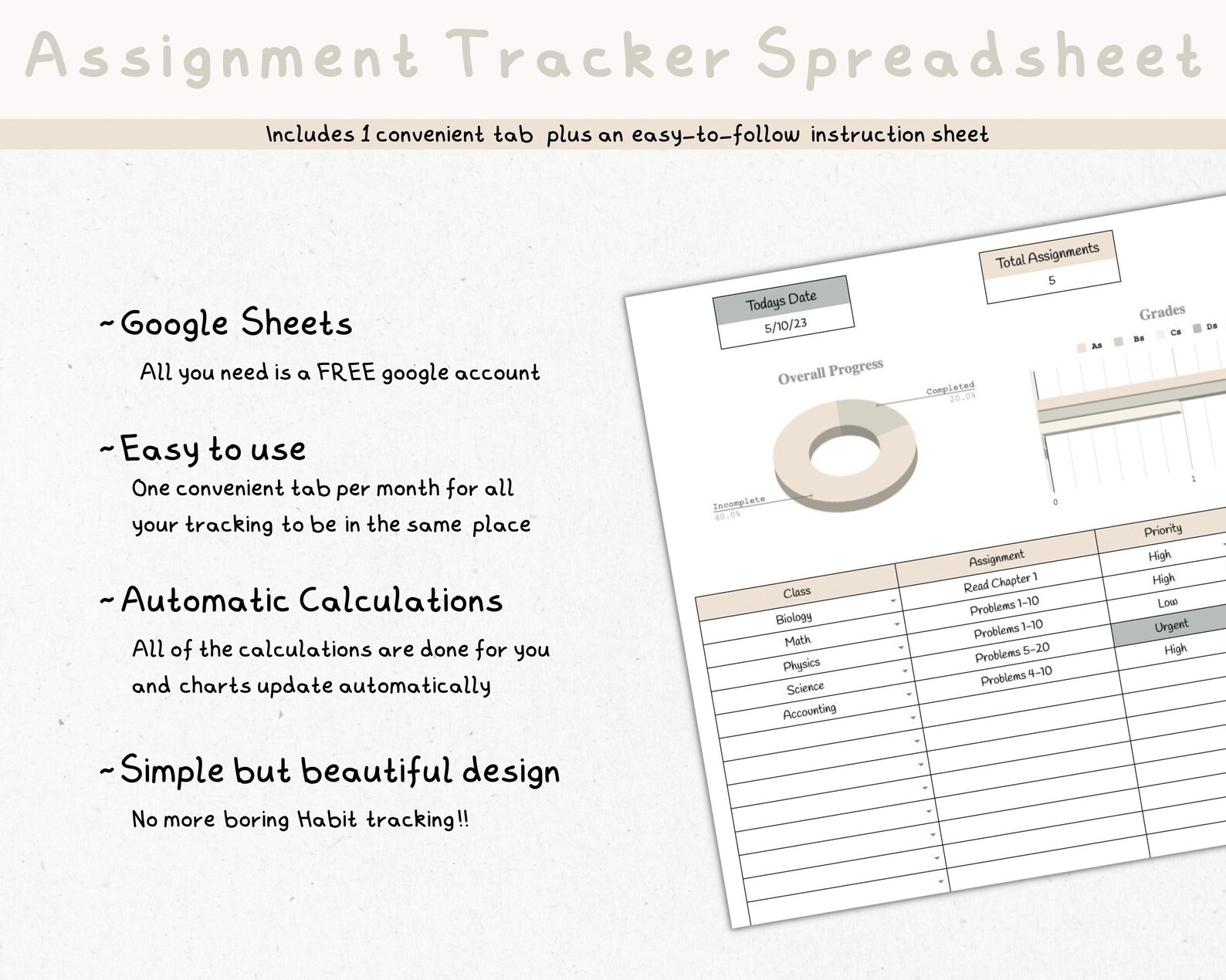 School Spreadsheet, Assignment Tracker for Google Sheets, Assignment ...