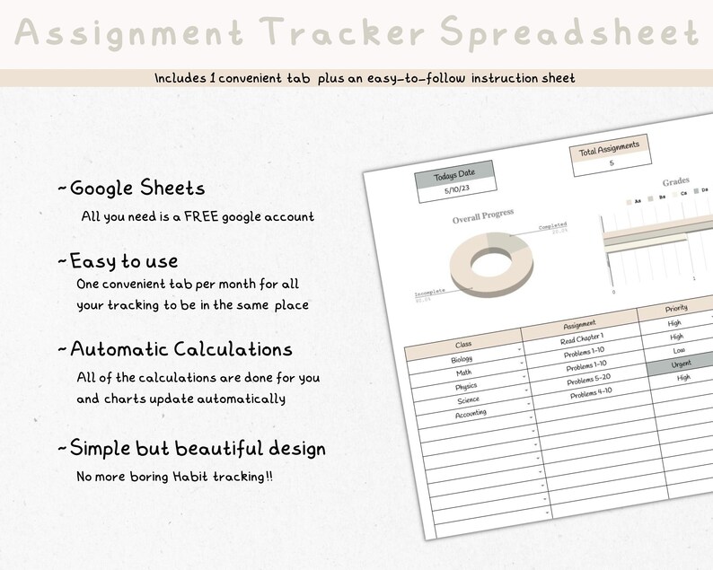 School Spreadsheet Assignment Tracker Google Sheets - Etsy