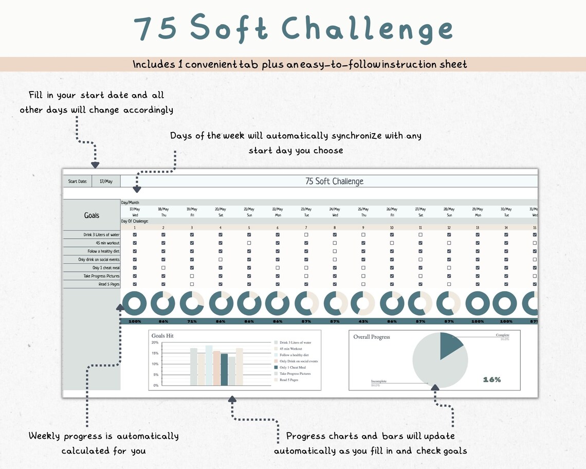 75 Day Challenge Tracker for Google Sheets,google Sheets Compatible,75 ...