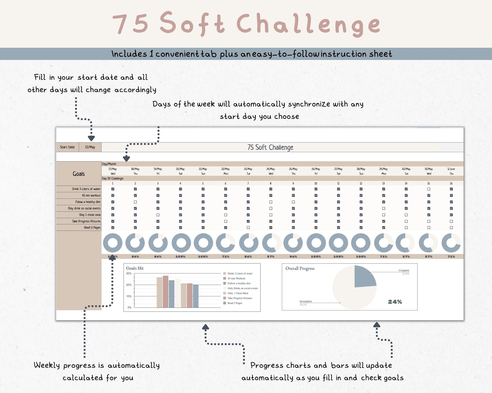 75 Day Challenge Tracker for Google Sheets,google Sheets Compatible,75 ...