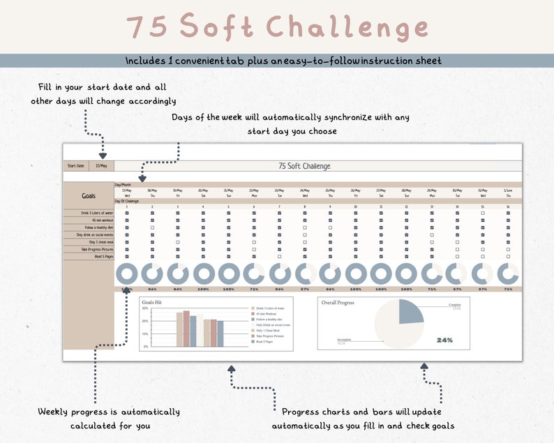 75 Soft Challenge Tracker, Google Sheets Tracker, 75 Soft Challenge ...