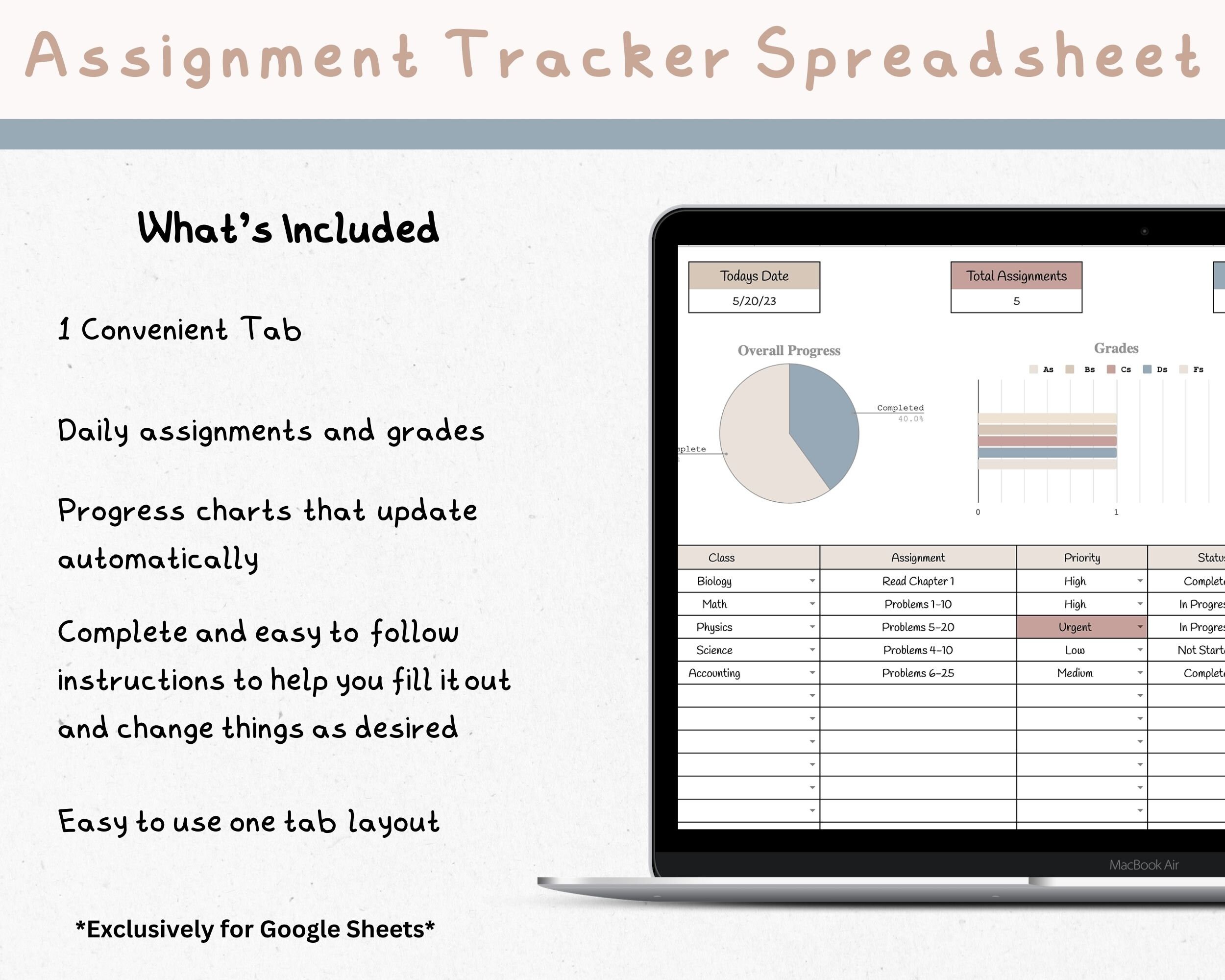 School Spreadsheet, Assignment Tracker for Google Sheets, Assignment ...