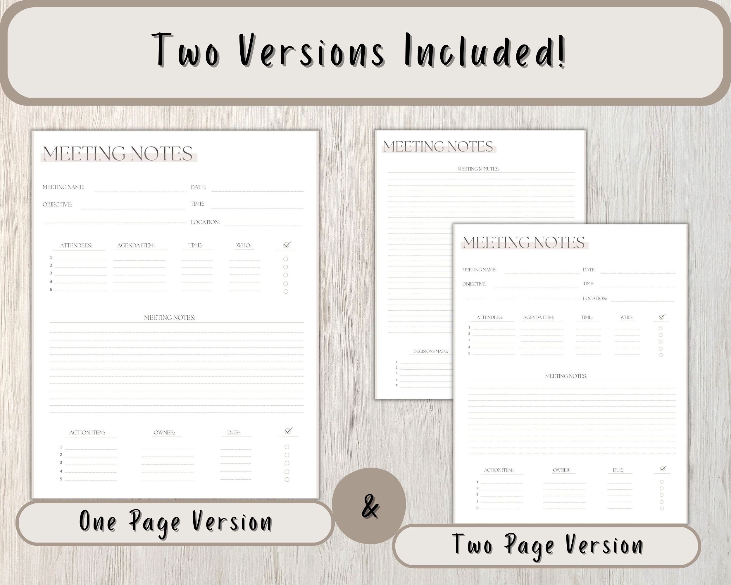 Meeting Notes Template Printable, Meeting Minutes, Meeting Agenda ...