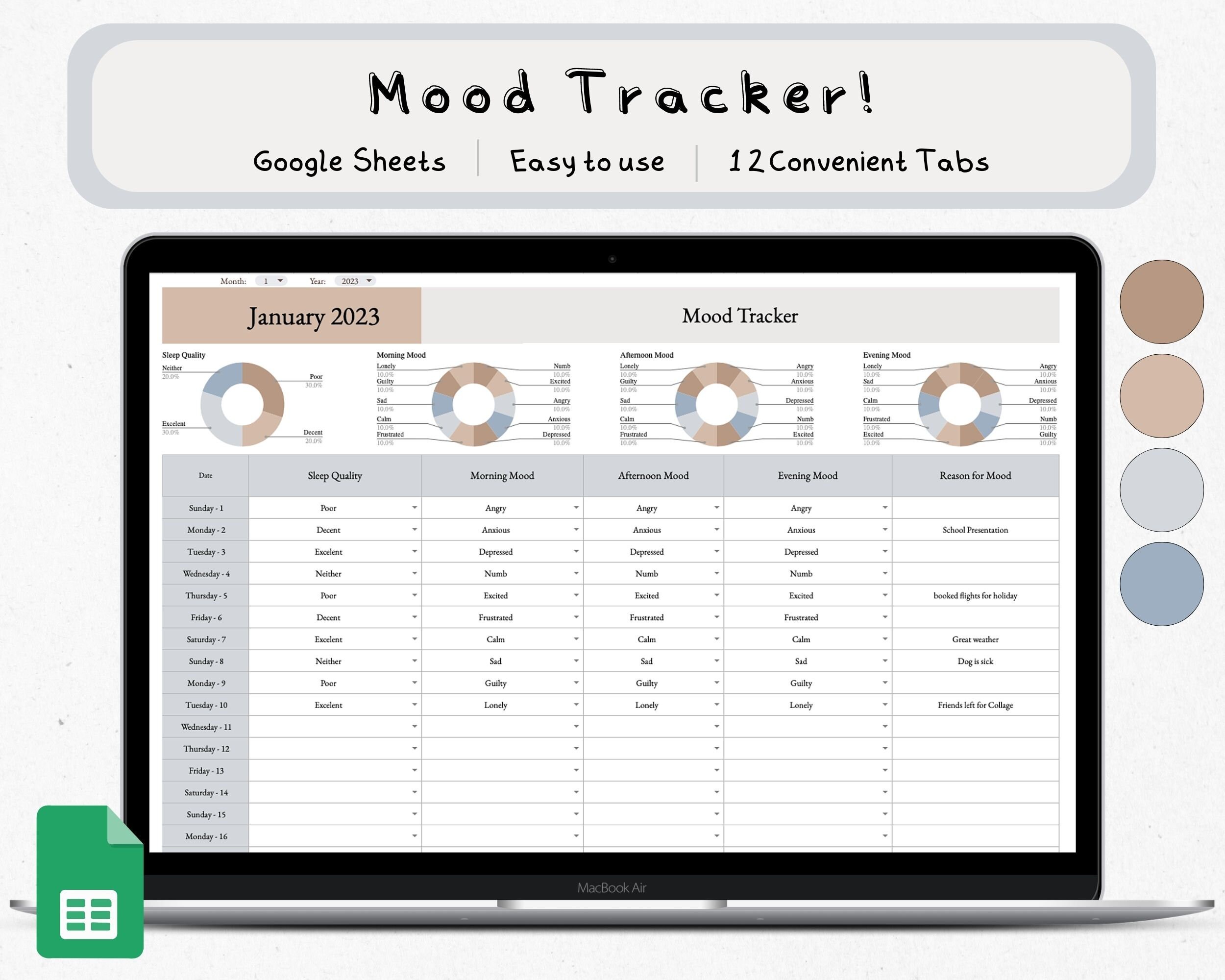 Google Sheets Mood Template, Mood Tracker Spreadsheet, Minimalist ...
