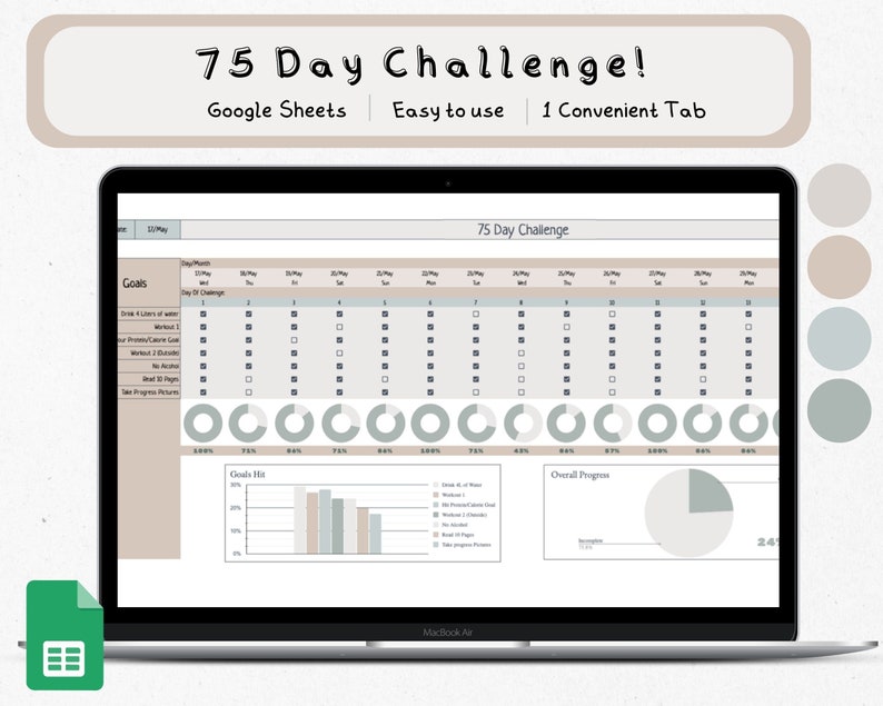 75 Day Challenge Tracker for Google Sheets,google Sheets Compatible,75 ...