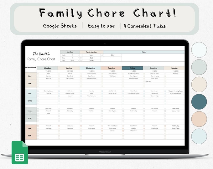 Printable Chore Chart Google Sheet Excel Template Planner, Family Chore ...