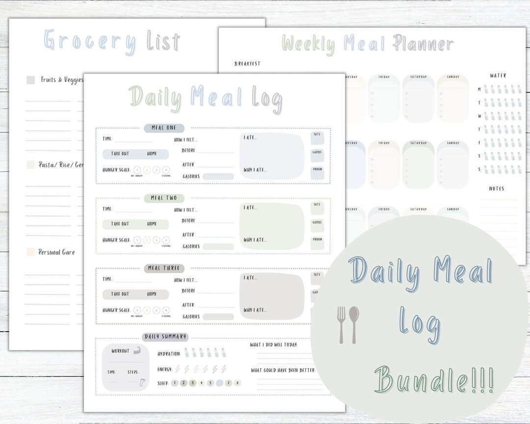 Daily Meal Log, Planner Templates, Grocery List, Meal Planning and ...