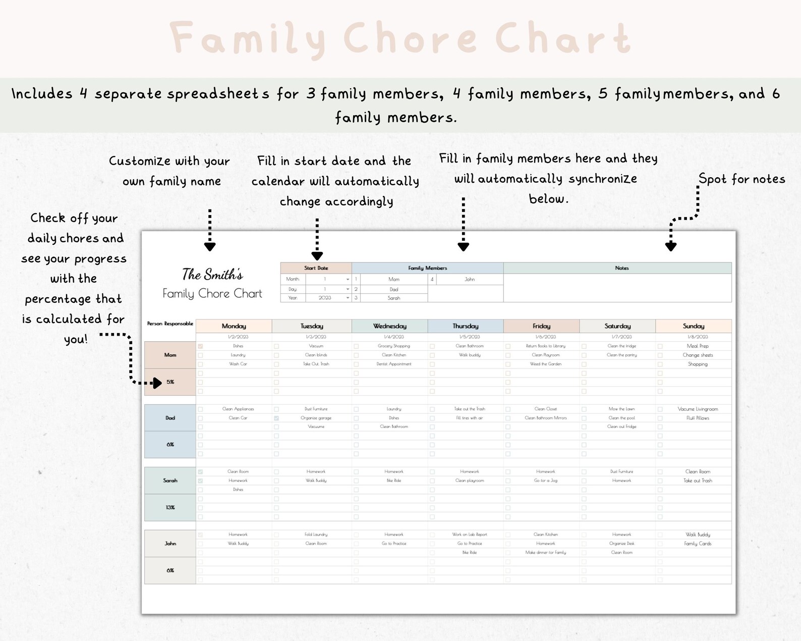 Family Chore Chart Google Sheets Template, Weekly Family Chore ...