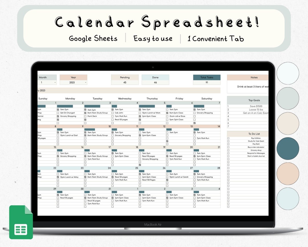 Calendar Spreadsheet, Google Sheets Daily Calendar, to Do List Template ...