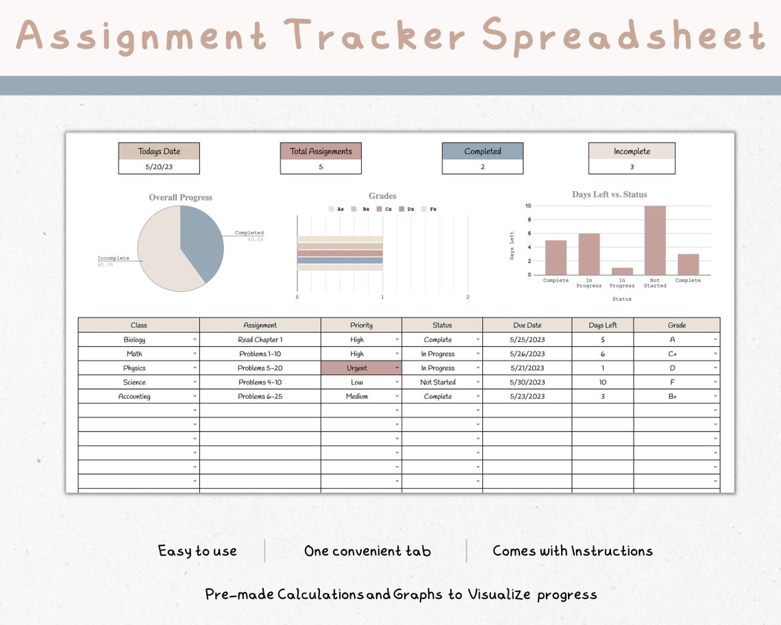 School Spreadsheet, Assignment Tracker for Google Sheets, Assignment ...