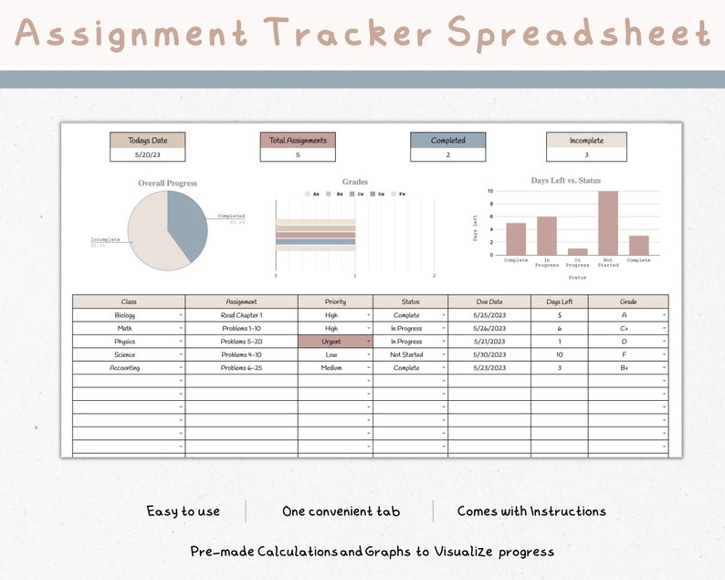 School Spreadsheet, Assignment Tracker Google Sheets, Assignment Tracking Spreadsheet, Task ...