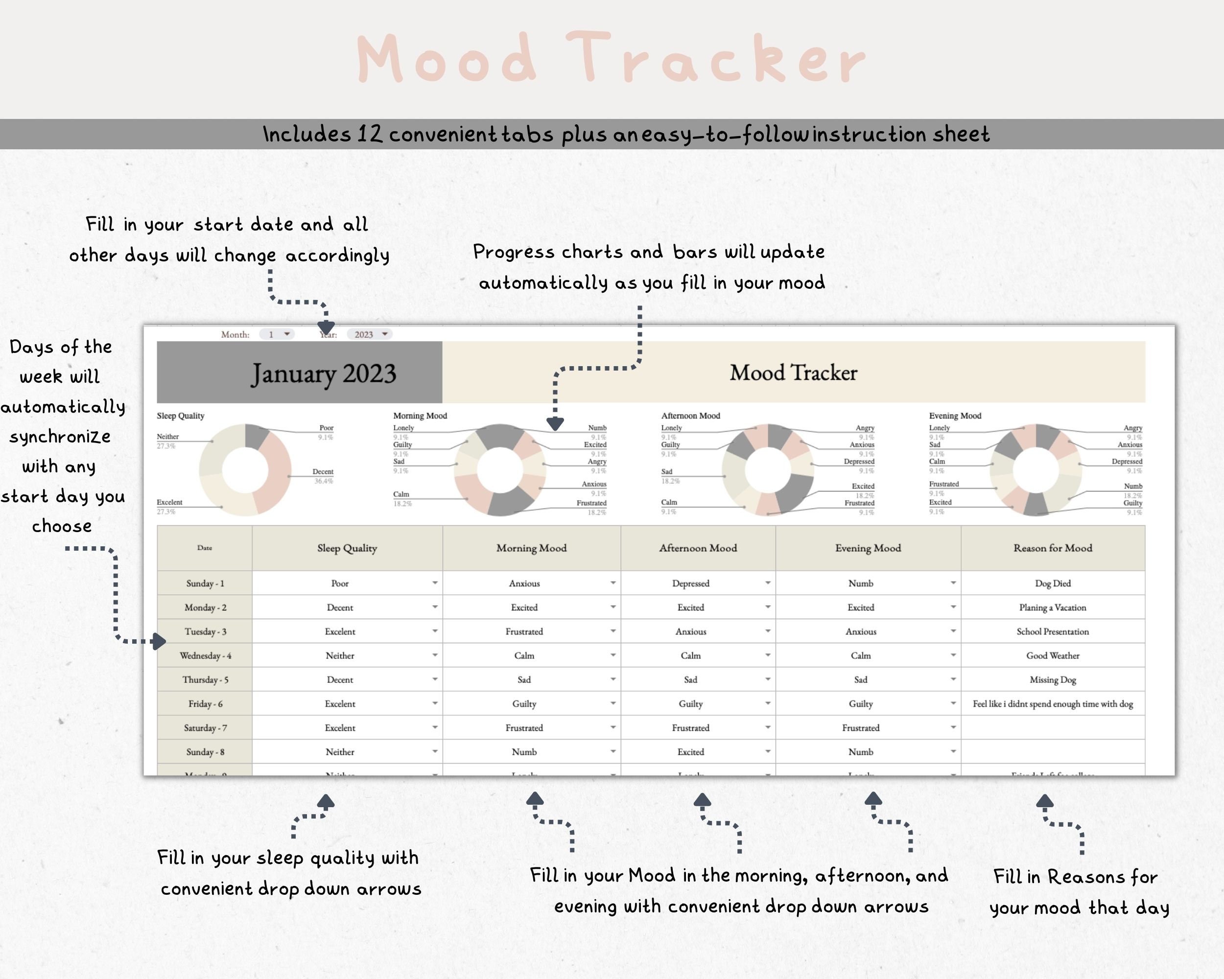 Google Sheets Mood Template, Mood Tracker Spreadsheet, Minimalist Design, Monthly Mood Tracker ...