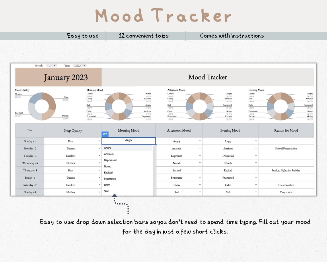 Google Sheets Mood Template, Mood Tracker Spreadsheet, Minimalist Design, Monthly Mood Tracker ...