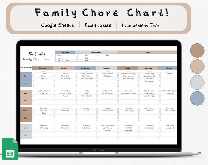 Printable Chore Chart Google Sheet Excel Template Planner, Family Chore ...