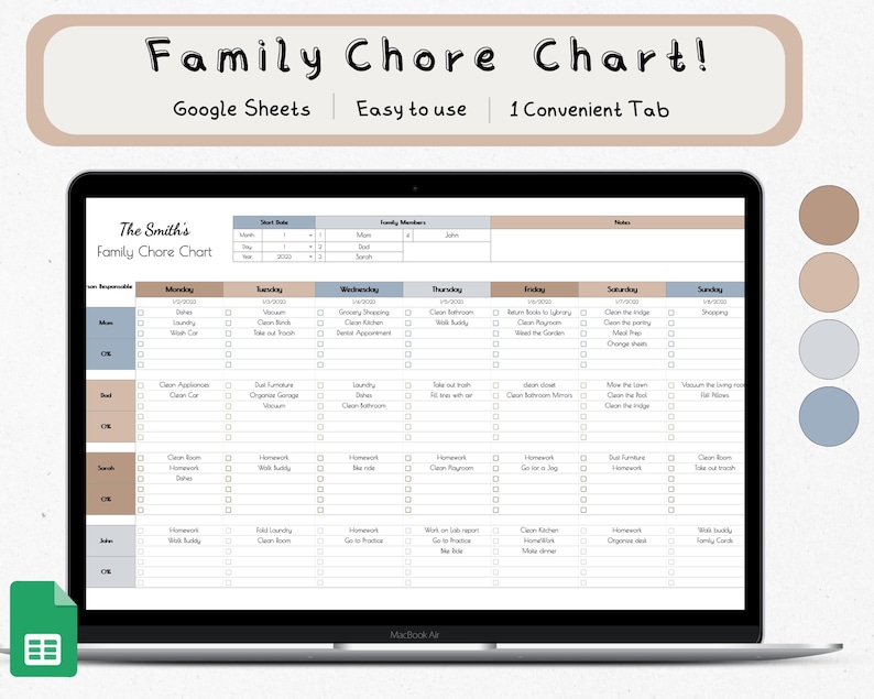 Family Chore Chart, Google Sheets & Excel Template (digital Download ...