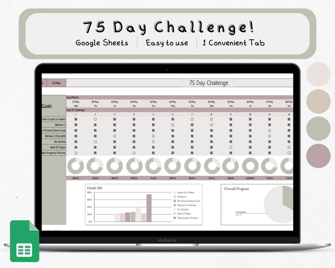 75 Day Challenge Tracker for Google Sheets,google Sheets Compatible,75 ...