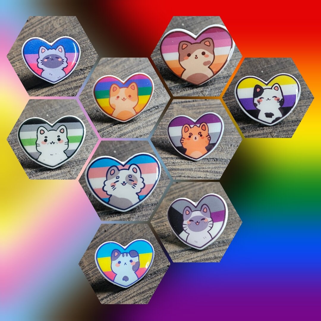 Pride Love Cat Heart Pins Pronoun Lesbian Trans Asexual Bi Agender ...