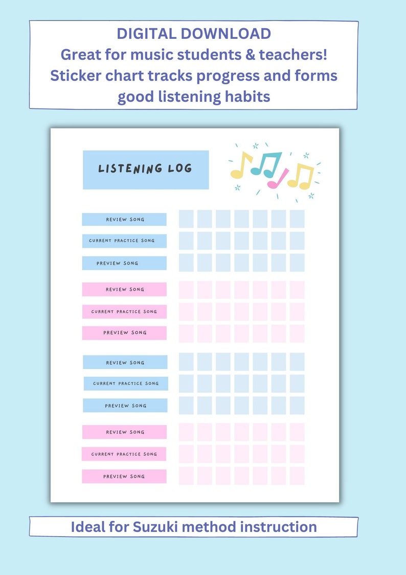 Suzuki Listening Log Printable Sticker Chart for Music Students ...